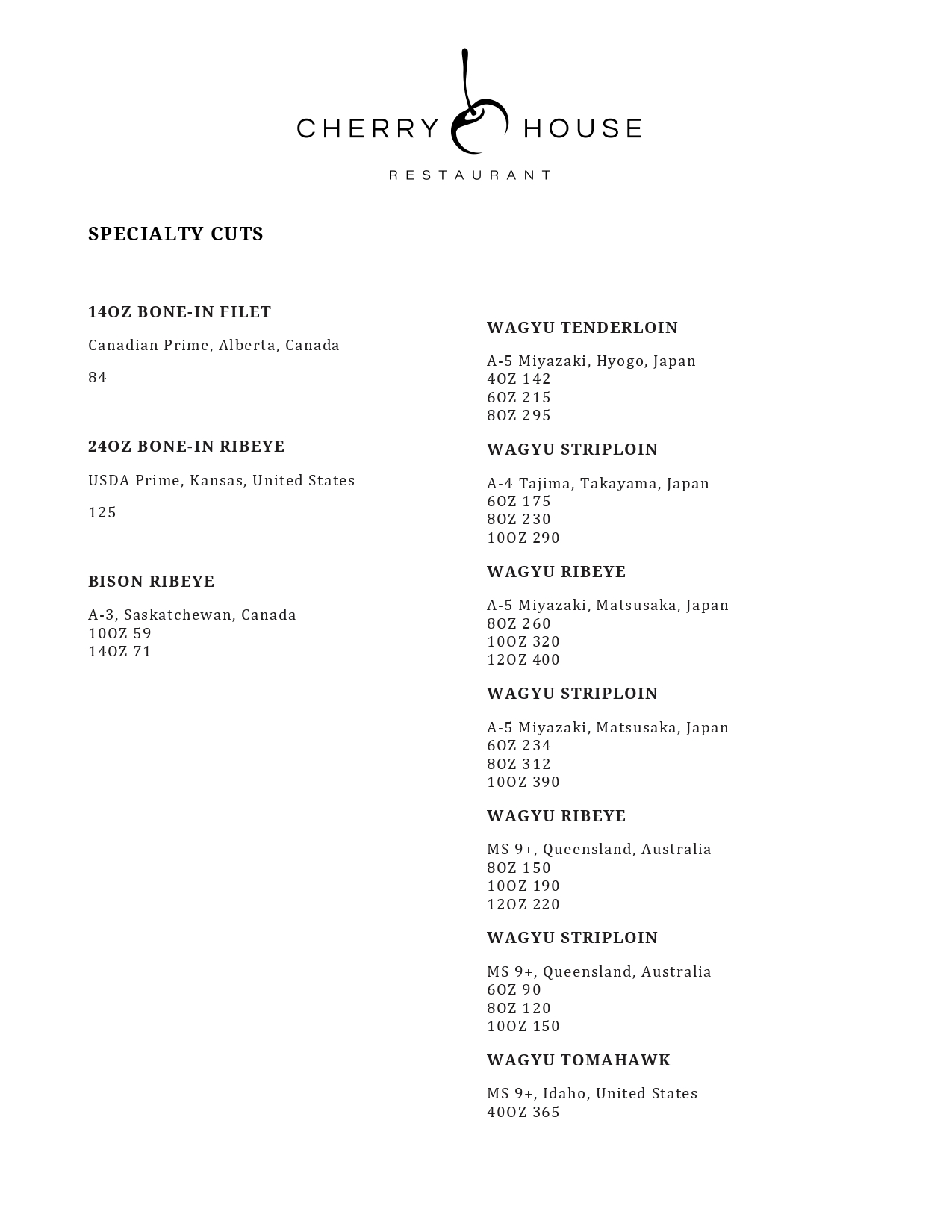 Specialty Cuts Menu – Cherry House Restaurant