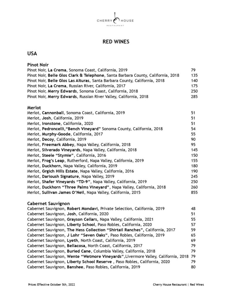 Red Wine Menu – Cherry House Restaurant