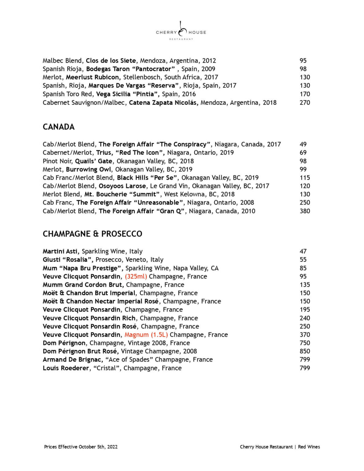 Red Wine Menu – Cherry House Restaurant