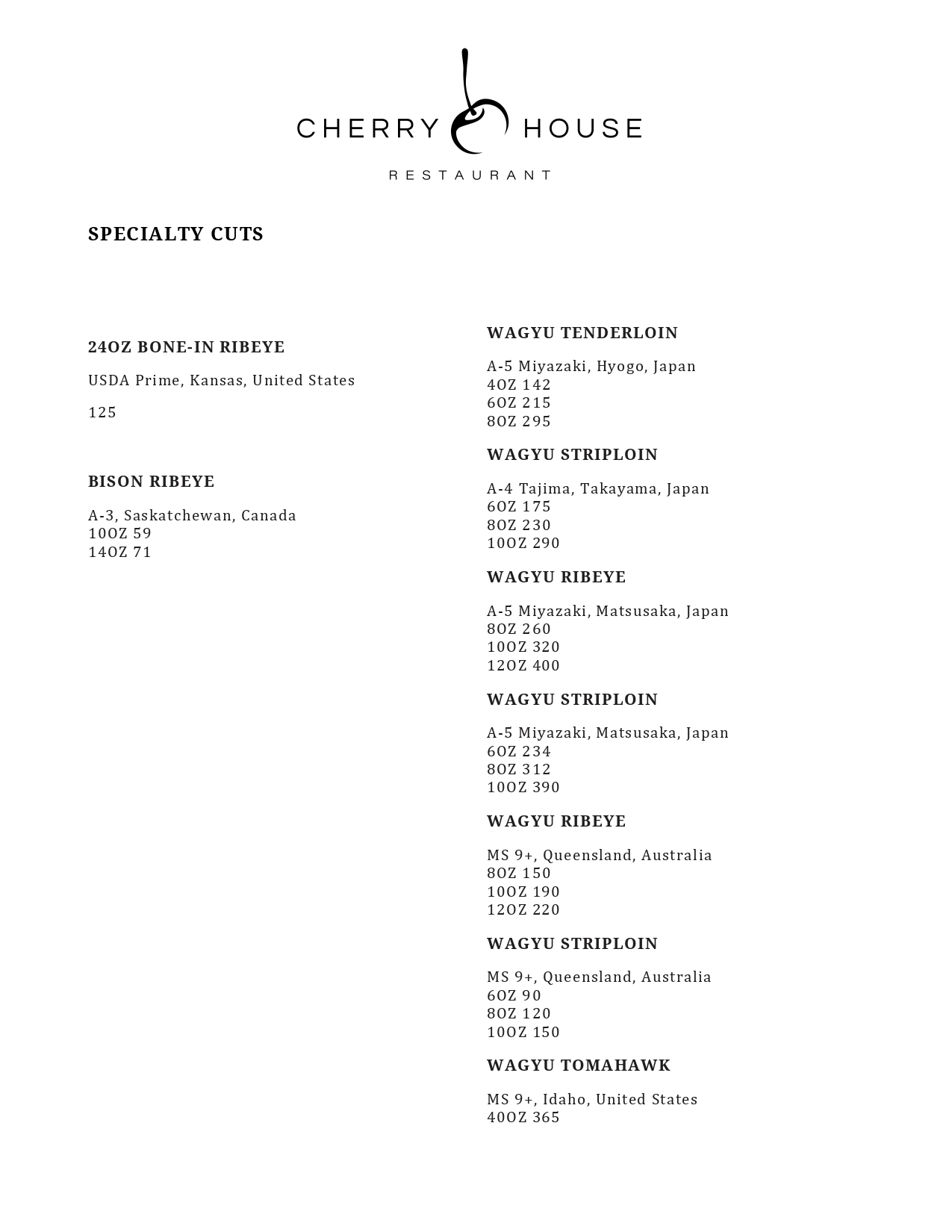 Specialty Cuts Menu – Cherry House Restaurant