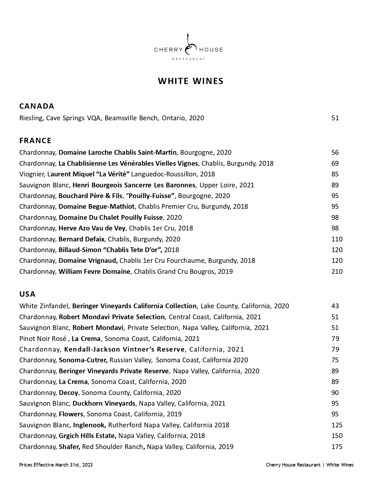 White Wine Menu – Cherry House Restaurant