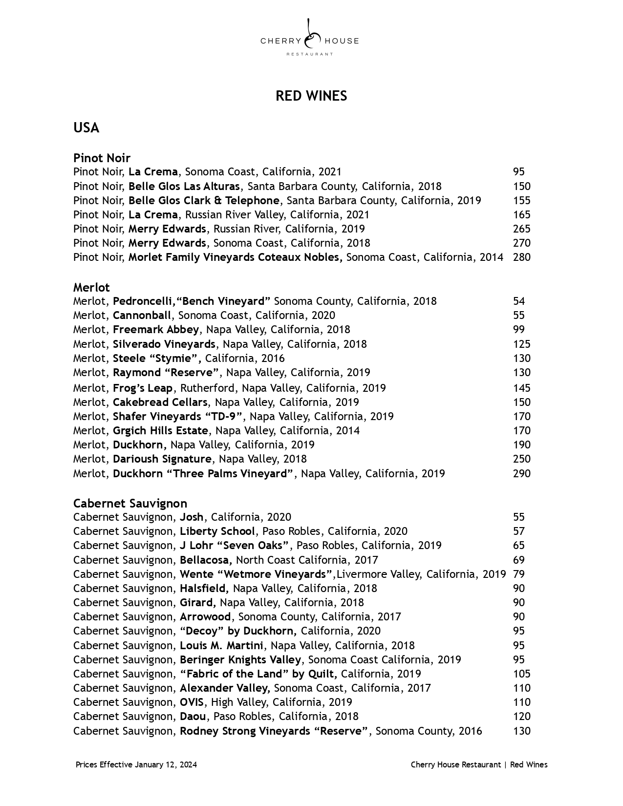 Red Wine Menu – Cherry House Restaurant