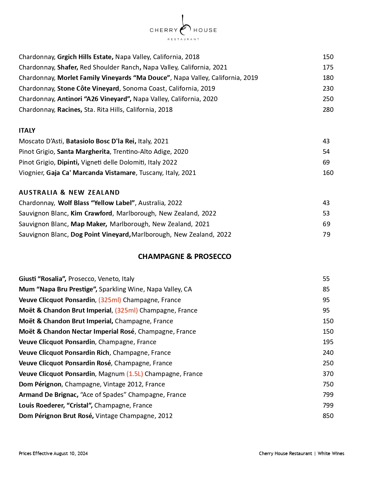 White Wine Menu – Cherry House Restaurant