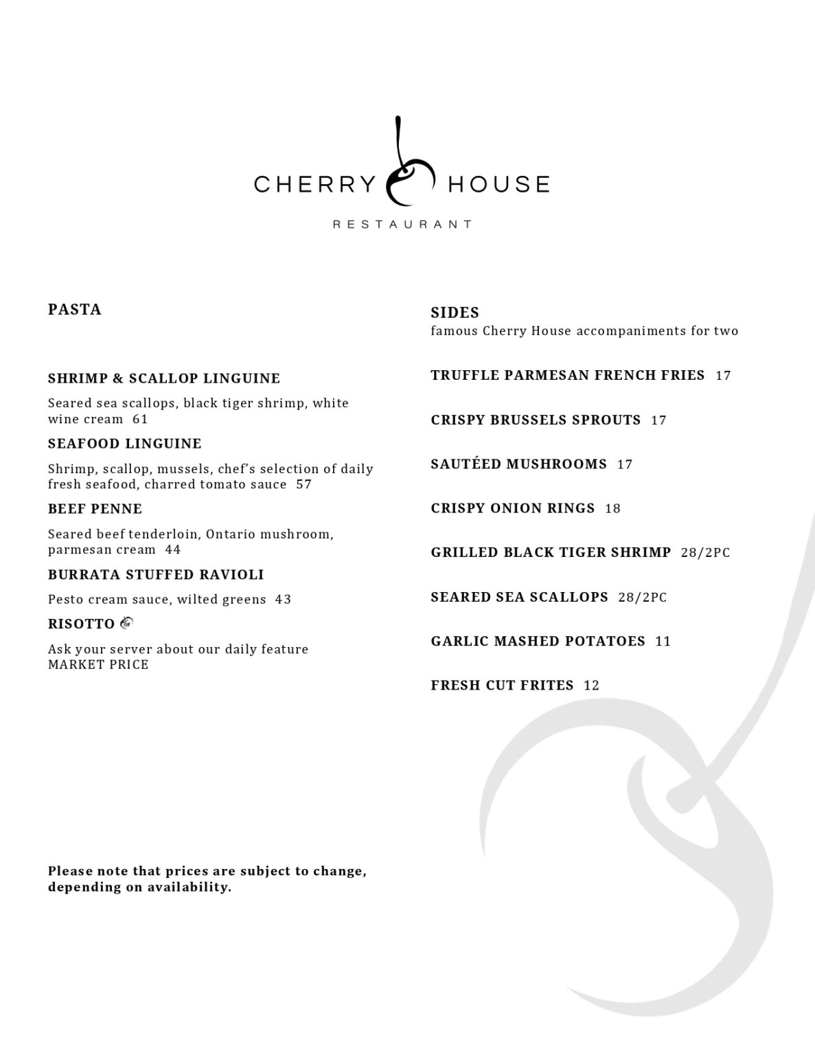 Dinner Menu – Cherry House Restaurant