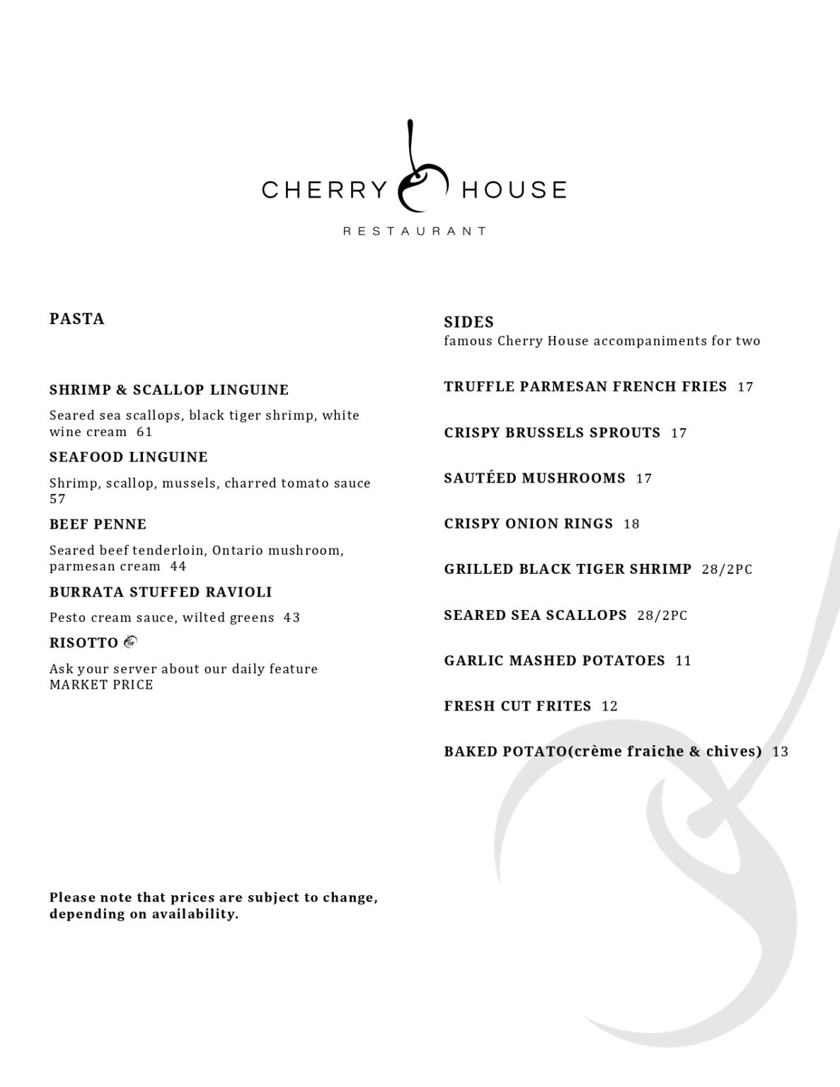 Dinner Menu – Cherry House Restaurant
